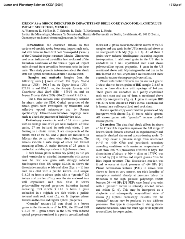 (PDF) Zircon as a Shock Indicator in Impactites of Drill Core YAXCOPOIL ...