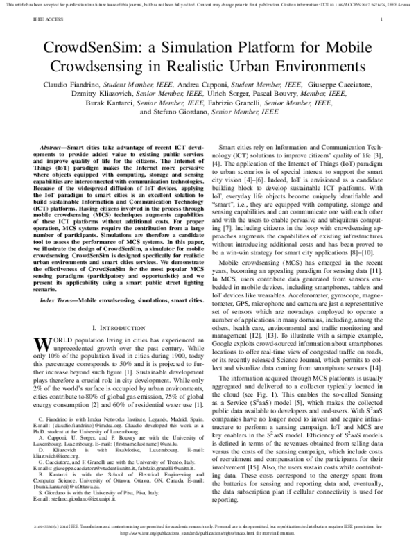 (PDF) CrowdSenSim: a Simulation Platform for Mobile Crowdsensing in ...