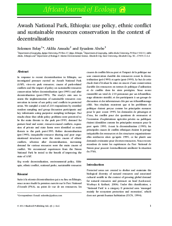 (PDF) Awash National Park, Ethiopia: use policy, ethnic conflict and ...