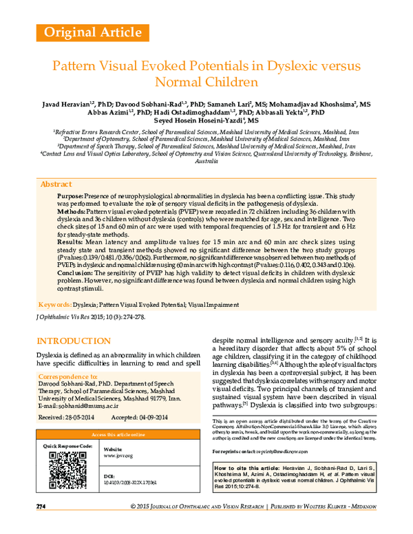 (PDF) Pattern visual evoked potentials in dyslexic versus normal children