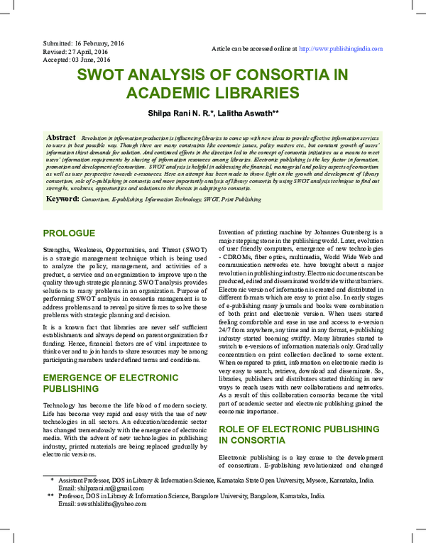 (PDF) SWOT ANALYSIS OF CONSORTIA IN ACADEMIC LIBRARIES