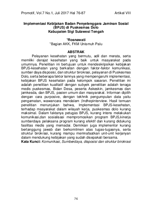(PDF) Implementasi Kebijakan Badan Penyelenggara Jaminan Sosial (BPJS) di Puskesmas Dolo ...