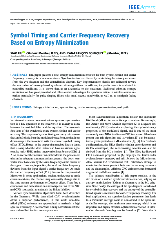 Pdf Symbol Timing And Carrier Frequency Recovery Based On Entropy Minimization