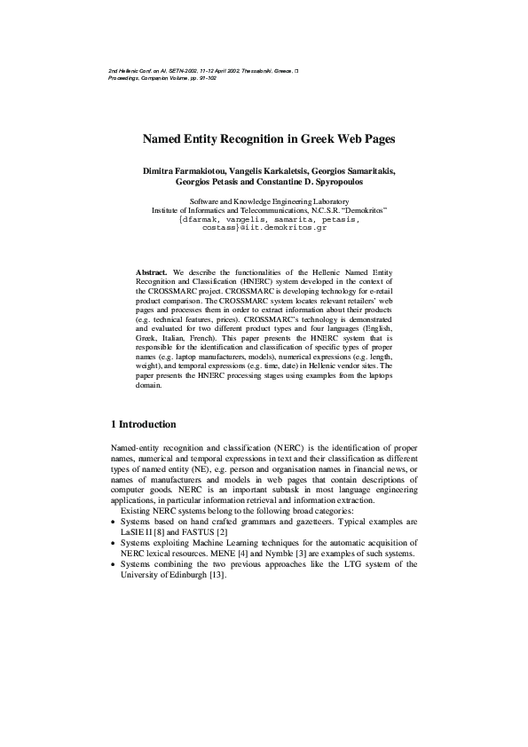 (PDF) Named entity recognition in Greek web pages