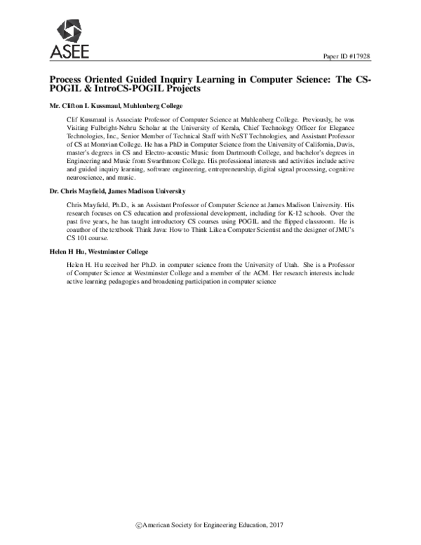(PDF) Board # 78 : Process Oriented Guided Inquiry Learning in Computer Science: The CS-POGIL ...
