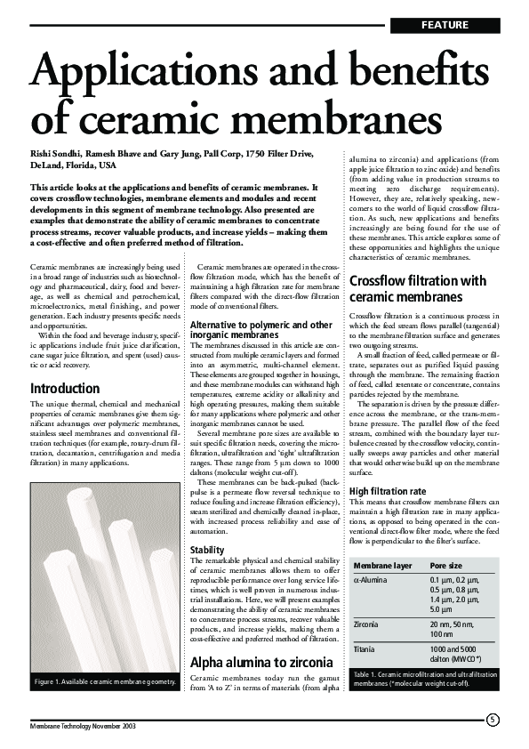 (PDF) Applications and benefits of ceramic membranes