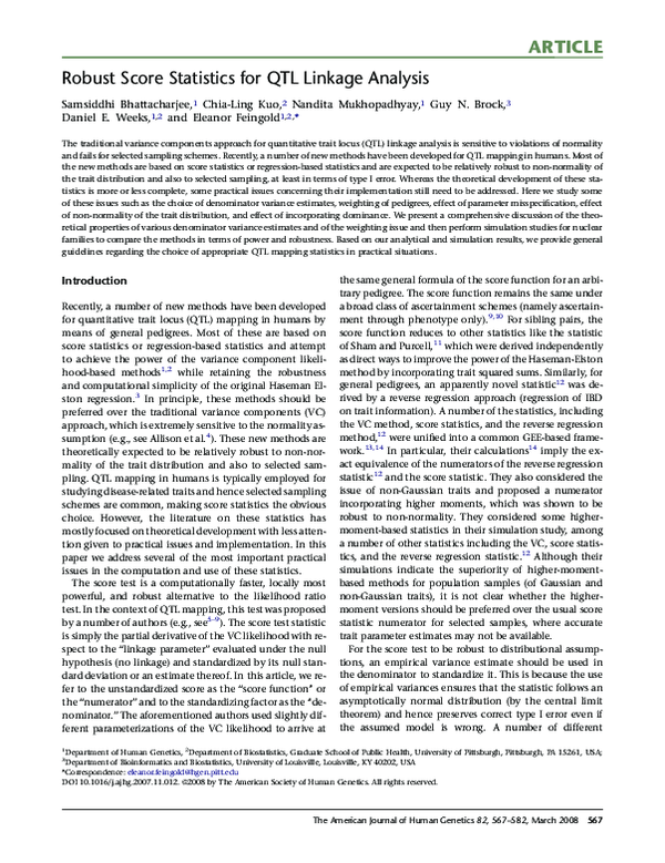 (PDF) Robust QTL Linkage Analysis: Score Statistics and Guidelines