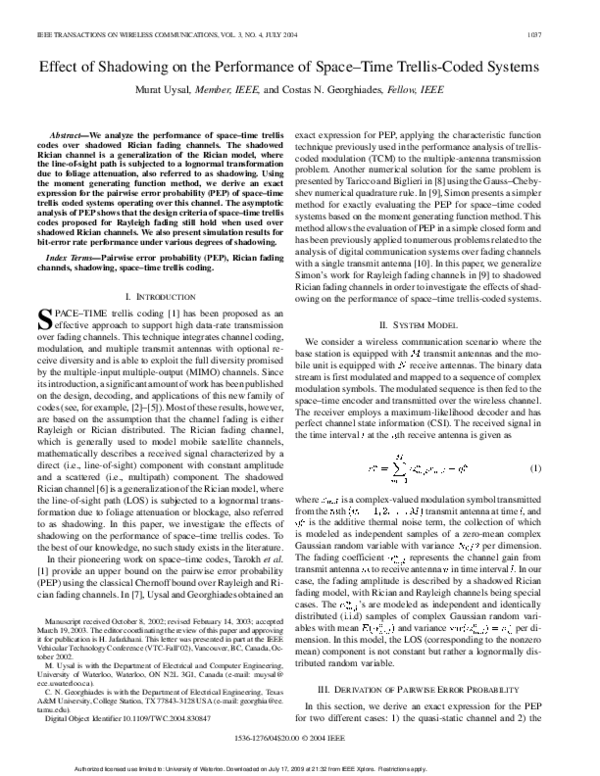 Pdf Effect Of Shadowing On The Performance Of Space Time Trellis Coded Systems