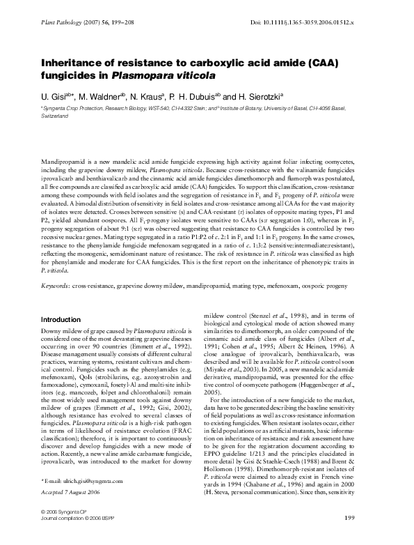 (PDF) Inheritance of resistance to carboxylic acid amide (CAA) fungicides in Plasmopara viticola