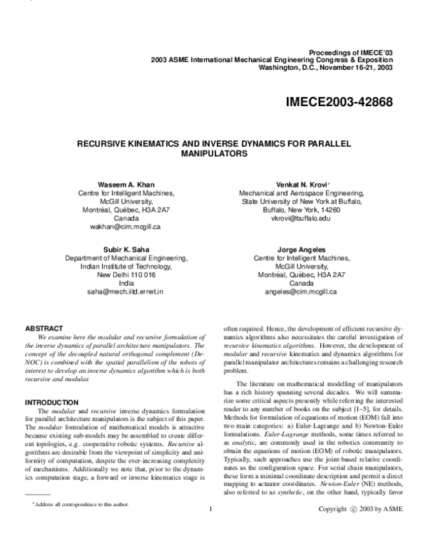 Pdf Recursive Kinematics And Inverse Dynamics For A Planar 3r Parallel Manipulator