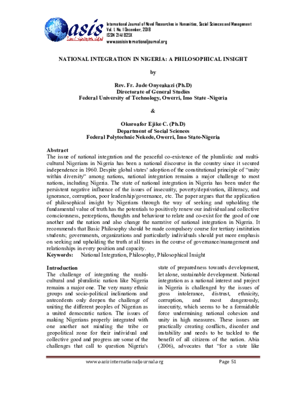 (PDF) NATIONAL INTEGRATION IN NIGERIA: A PHILOSOPHICAL INSIGHT by Rev ...