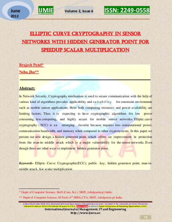 Pdf Elliptic Curve Cryptography In Sensor Networks With Hidden Generator Point For Speedup