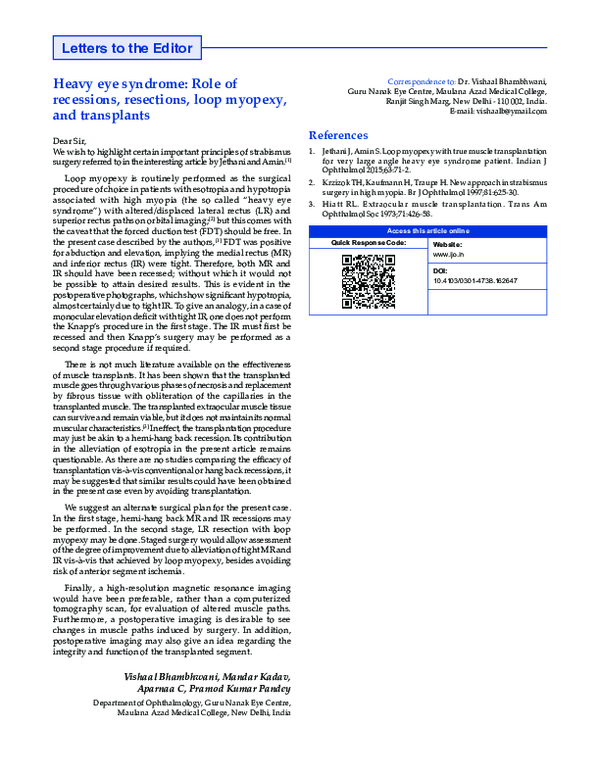 (PDF) Heavy eye syndrome: Role of recessions, resections, loop myopexy ...