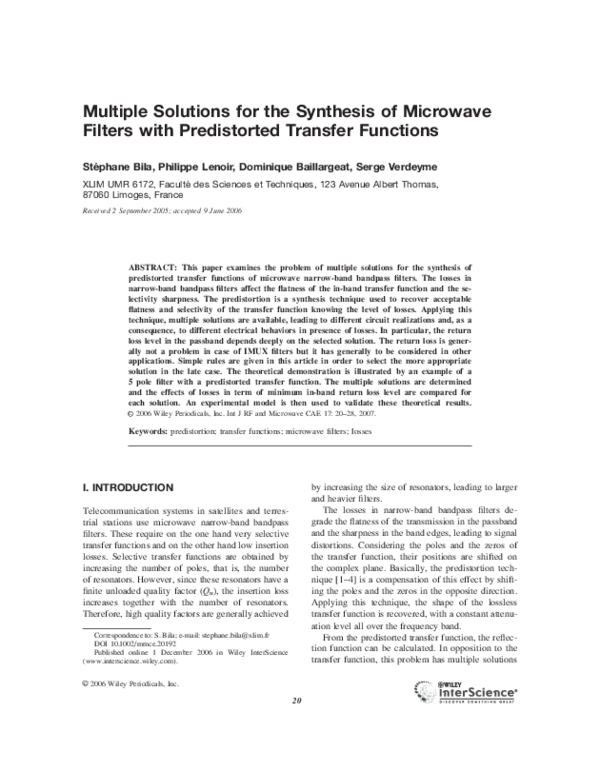 Pdf Multiple Solutions For The Synthesis Of Microwave Filters With Predistorted Transfer Functions