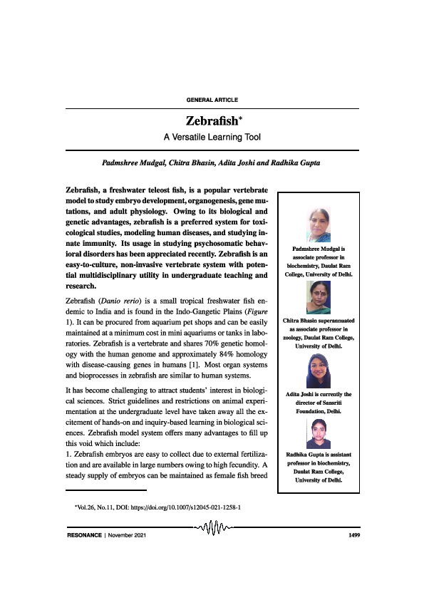 (PDF) Zebrafish A versatile learning tool | padmshree mudgal - Academia.edu