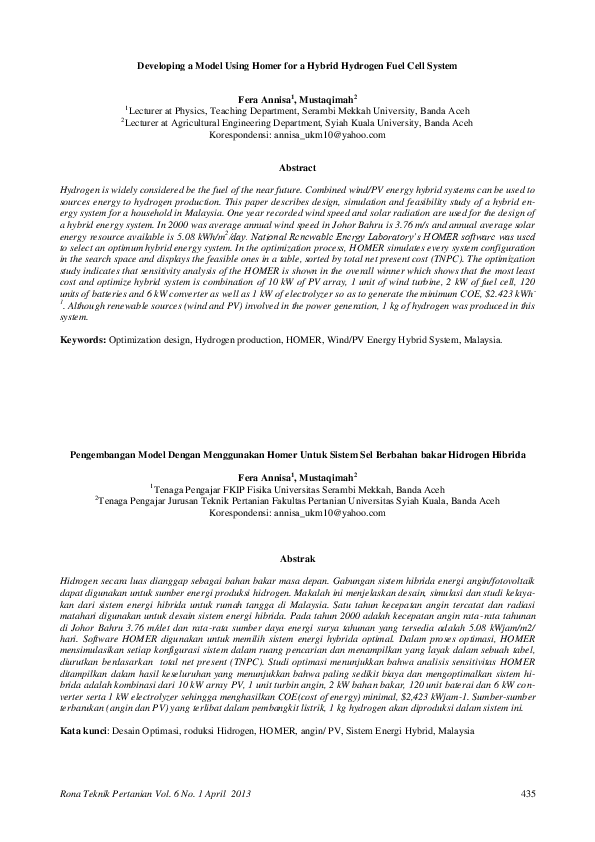 (PDF) Developing a Model Using Homer for a Hybrid Hydrogen Fuel Cell System