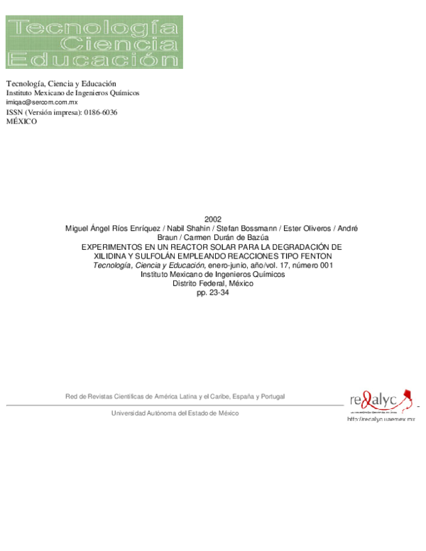 (PDF) Experimentos en un reactor solar para la degradación dexilidina y ...