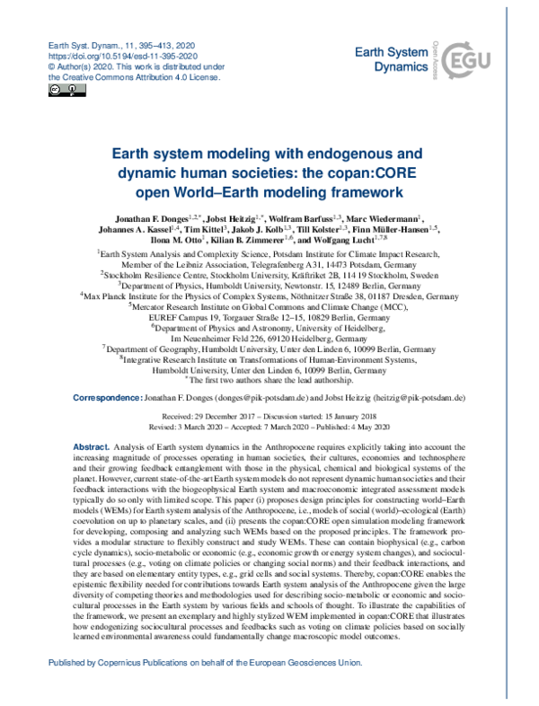 (PDF) Earth system modeling with endogenous and dynamic human societies: the copan:CORE open ...