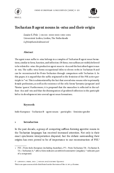 (PDF) Tocharian B agent nouns in -ntsa and their origin