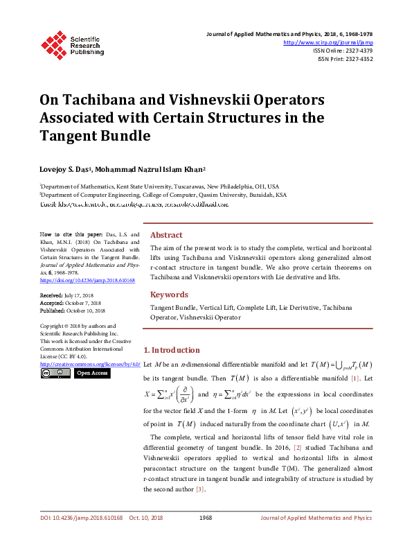 (PDF) On Tachibana and Vishnevskii Operators Associated with Certain Structures in the Tangent ...