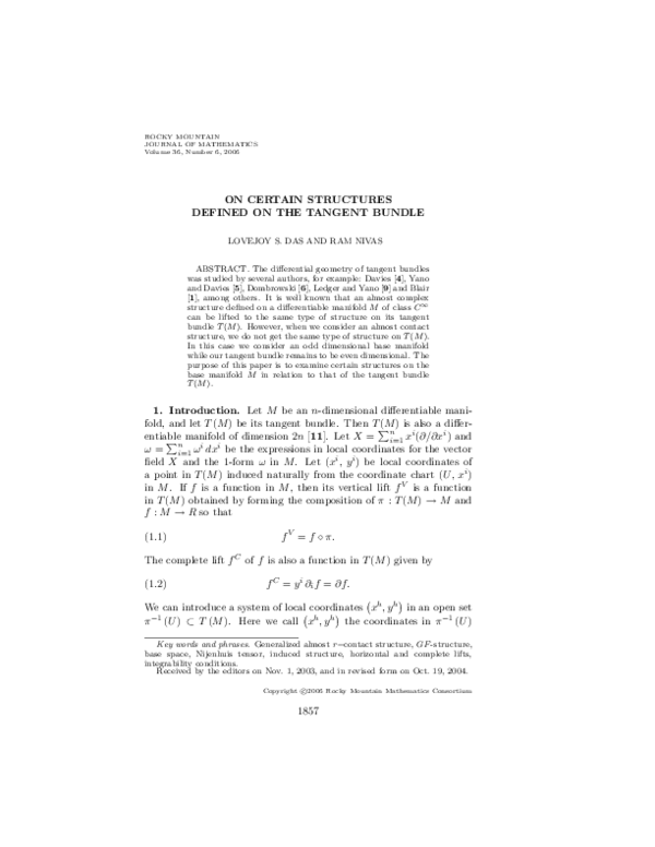 Pdf On Certain Structures Defined On The Tangent Bundle