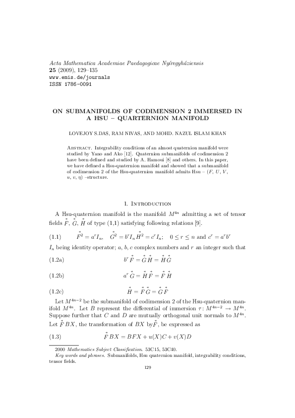 (PDF) On Submanifolds of Codimension 2 Immersed in a Hsu - Quarternion Manifold