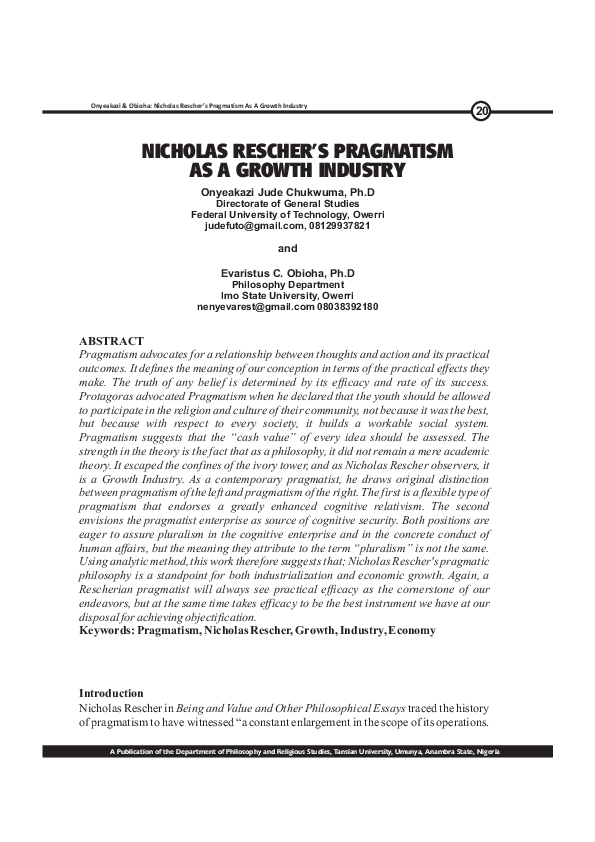 (PDF) Nicholas Rescher's Pragmatism As A Growth Industry
