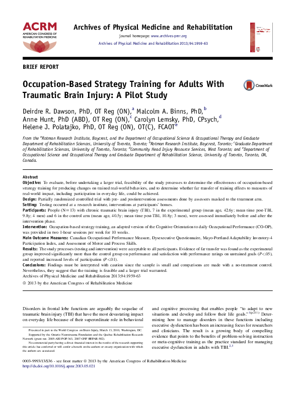 (PDF) Occupation-Based Strategy Training for Adults With Traumatic ...