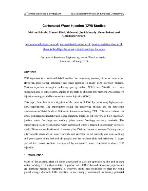 (PDF) Carbonated Water Injection (CWI) Studies