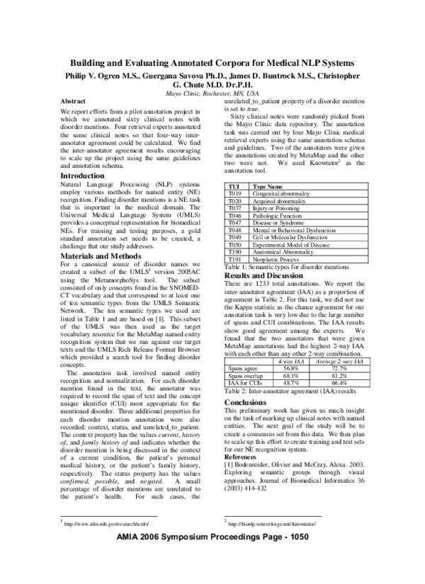 (PDF) Building and evaluating annotated corpora for medical NLP systems