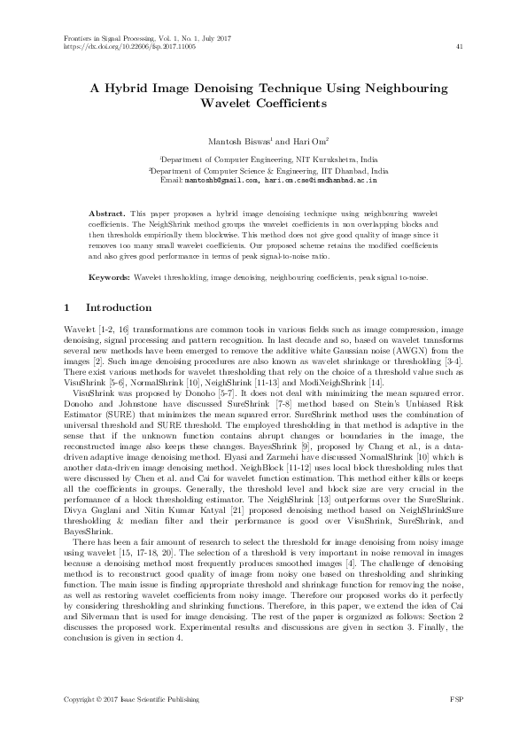 Pdf A Hybrid Image Denoising Technique Using Neighbouring Wavelet Coefficients