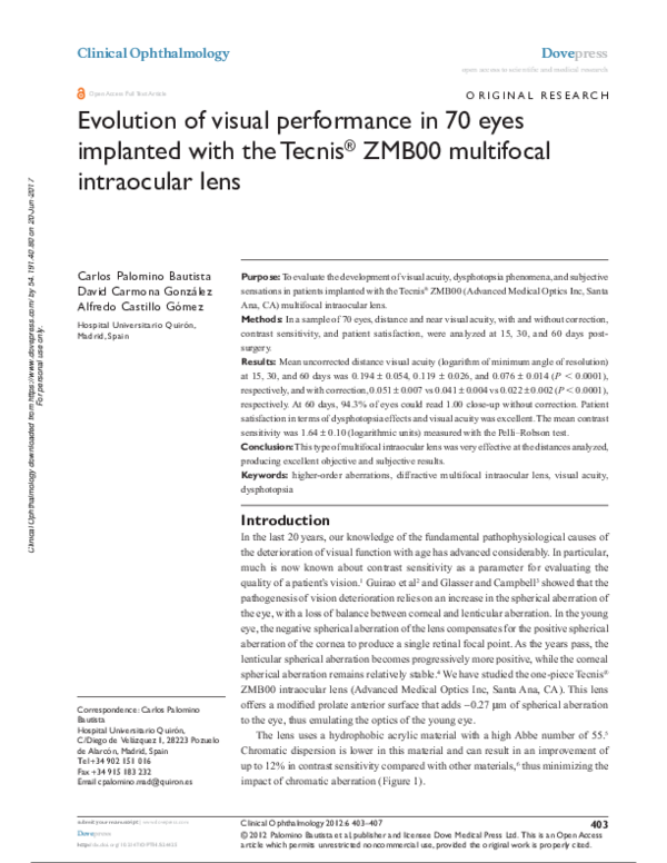 (PDF) Evolution of visual performance in 70 eyes implanted with the ...