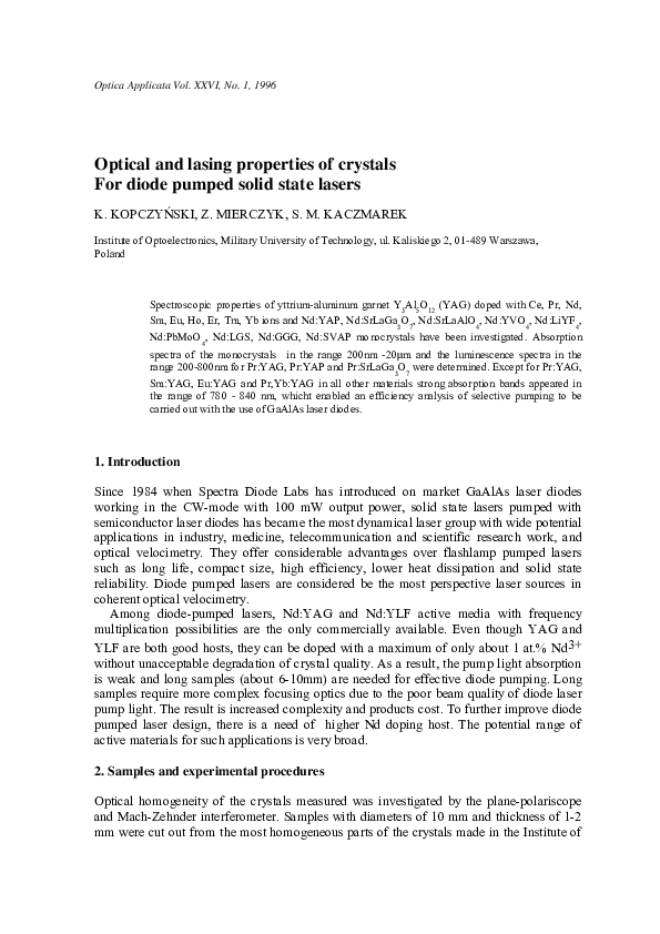 (PDF) Optical and lasing properties of crystals for diode pumped solid ...