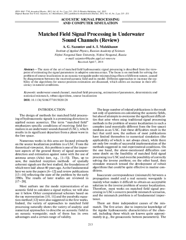 (PDF) Matched field signal processing in underwater sound channels (Review)