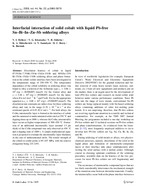 (PDF) Interfacial interaction of solid cobalt with liquid Pb-free Sn–Bi ...