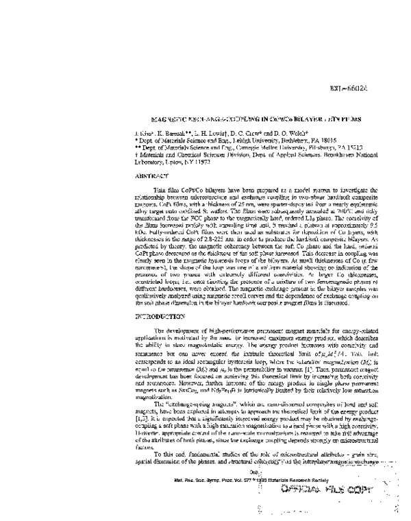 (PDF) Magnetic Exchange-Coupling in CoPt/Co Bilayer thin Films