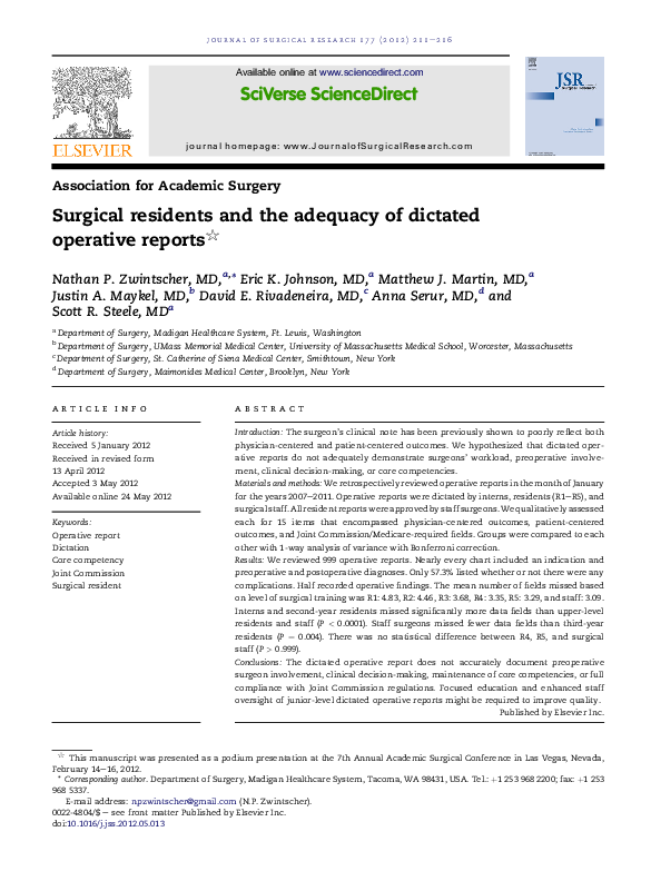 (PDF) Surgical residents and the adequacy of dictated operative reports