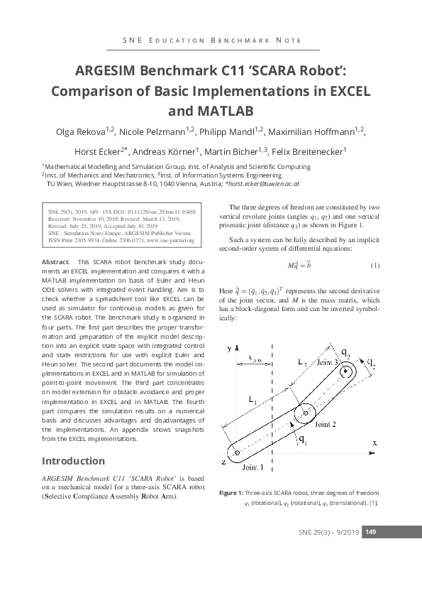 (PDF) ARGESIM Benchmark C11 ’SCARA Robot’: Comparison of Basic Implementations in EXCEL and MATLAB