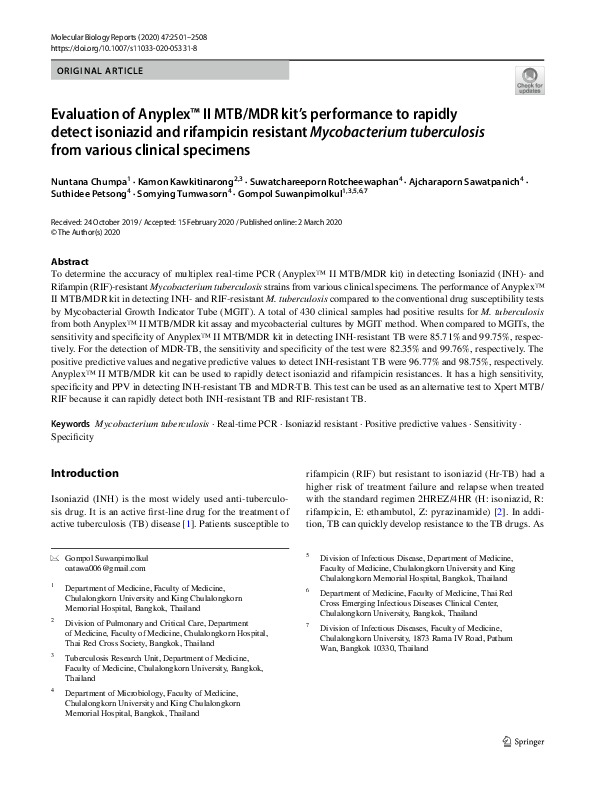 Evaluation Of Anyplex™ Ii Mtbmdr Kits Performance To Rapidly Detect