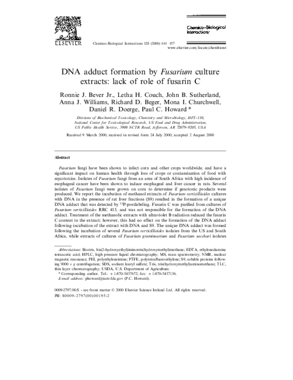(PDF) DNA adduct formation by Fusarium culture extracts: lack of role ...