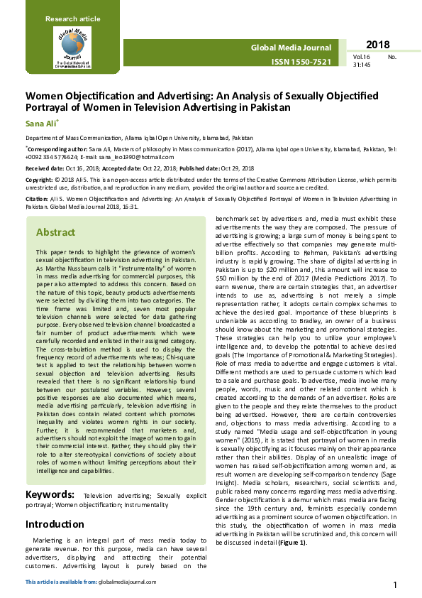 (PDF) Women Objectification and Advertising: An Analysis of Sexually ...