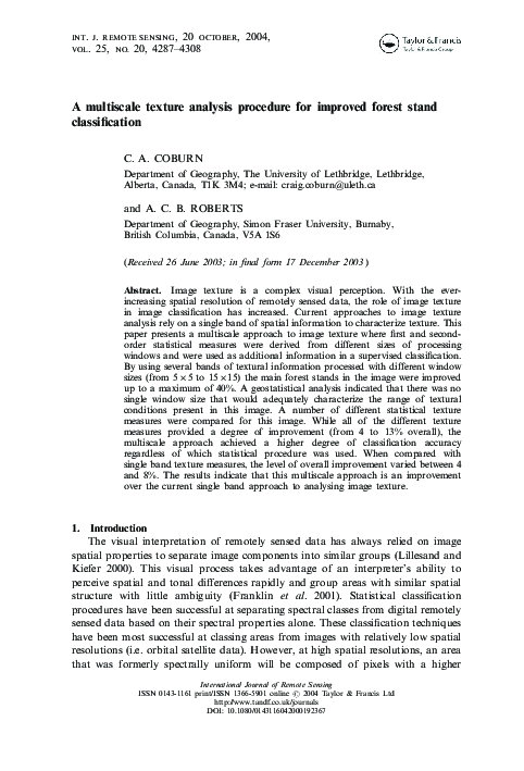 Pdf A Multiscale Texture Analysis Procedure For Improved Forest Stand Classification Craig
