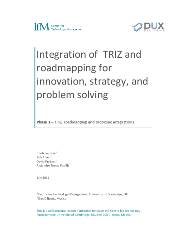 (PDF) Integration of TRIZ and roadmapping for innovation, strategy and ...
