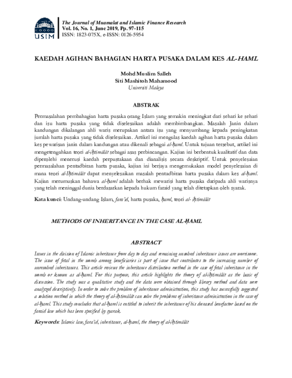 (PDF) Kaedah Agihan Bahagian Harta Pusaka dalam Kes Al-Haml