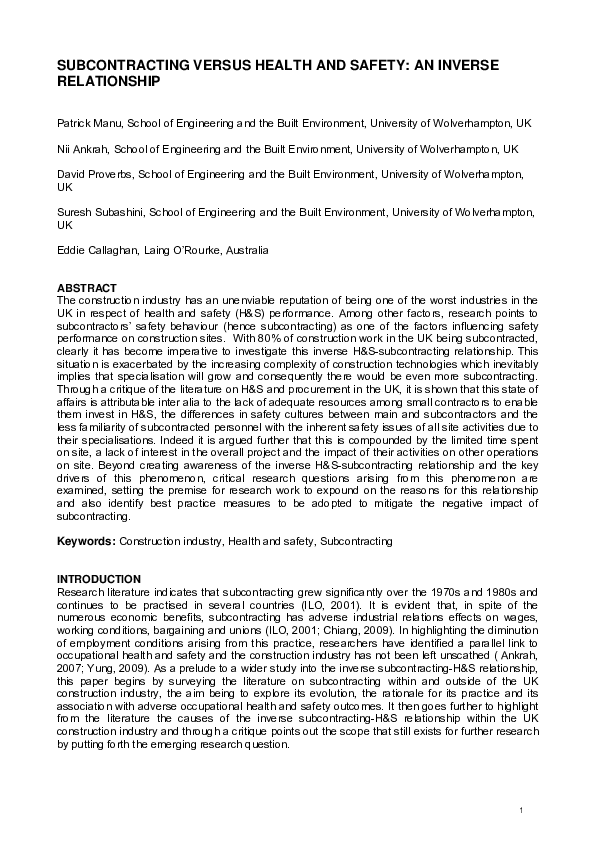 (PDF) Subcontracting versus health and safety: An inverse