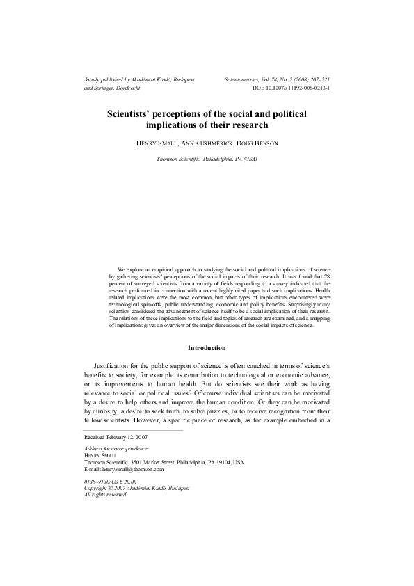 (PDF) Scientists' perceptions of the social and political implications ...