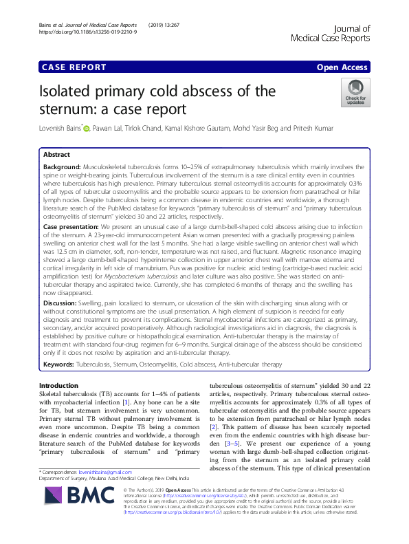 (PDF) Isolated primary cold abscess of the sternum: a case report