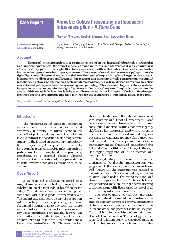 (PDF) Amoebic colitis presenting as ileocaecal intussusception - a rare ...