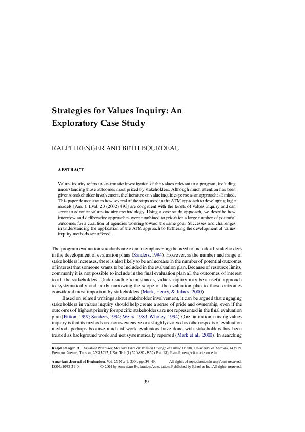 (PDF) Strategies for Values Inquiry: An Exploratory Case Study