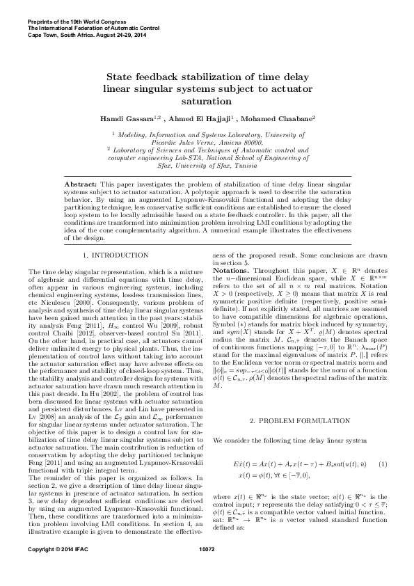 (PDF) State Feedback Stabilization of Time Delay Linear Singular Systems Subject to Actuator ...